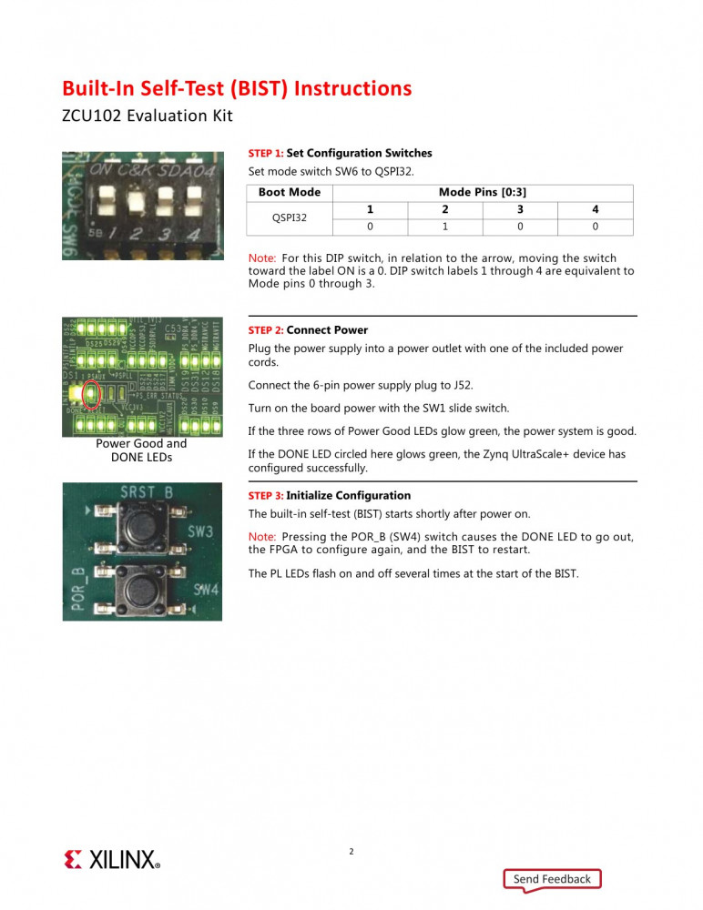 ZCU102 BIST setup page