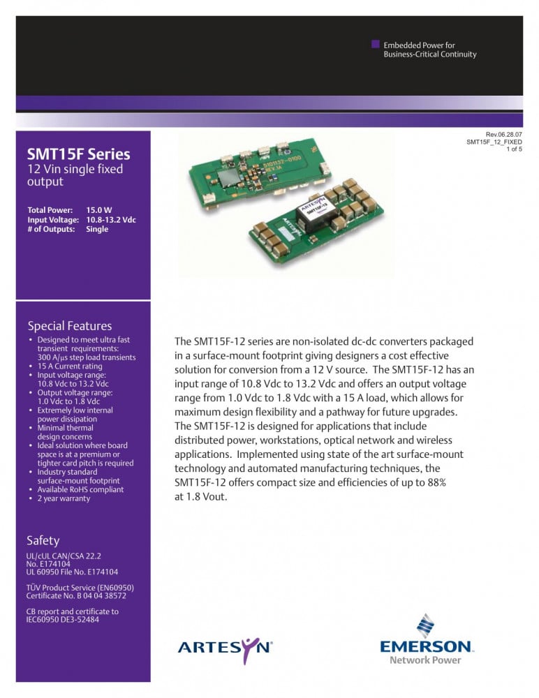 Artesyn SMT15F-12S1V0 datasheet page 1