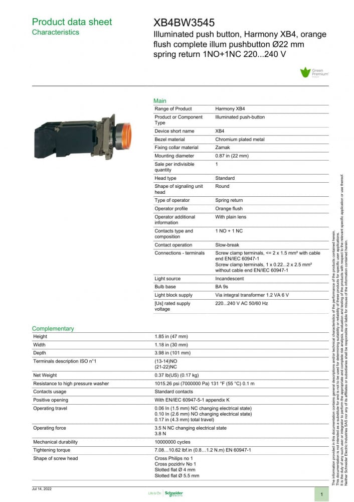 XB4BW3545 technical document page 1