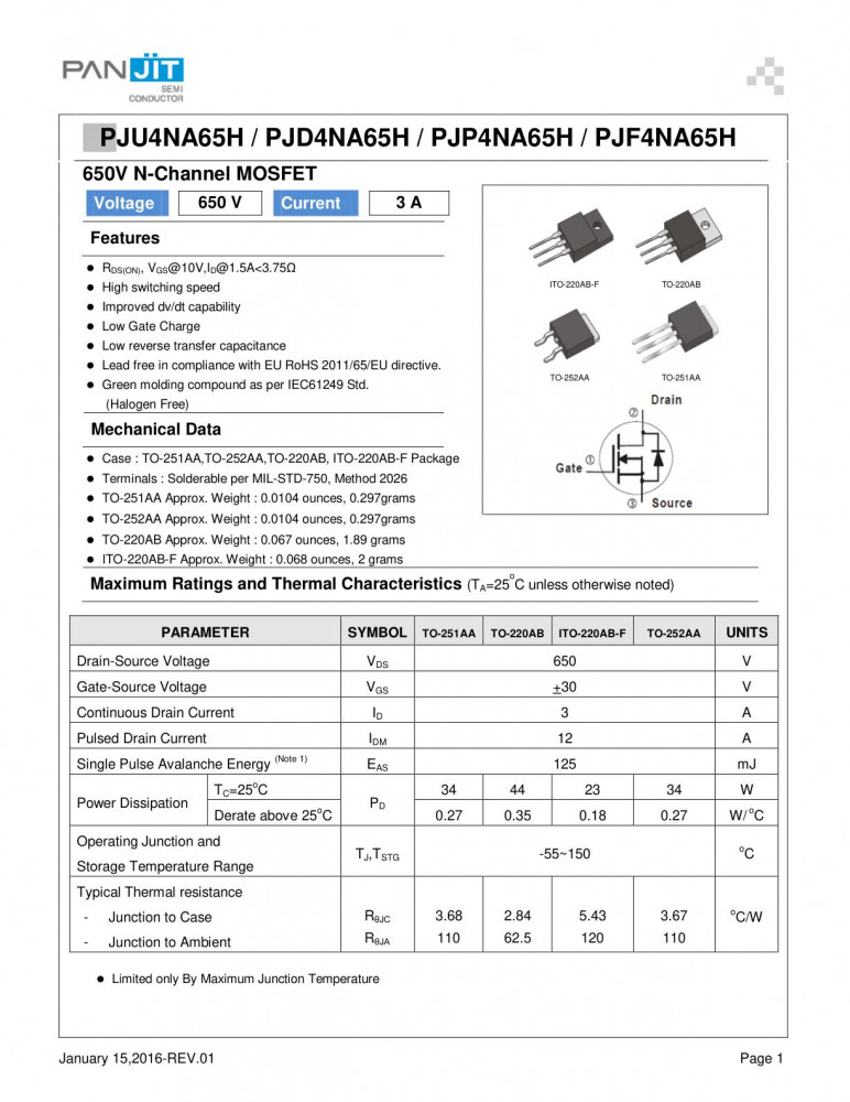 PANJIT PJD4NA65H datasheet page 1