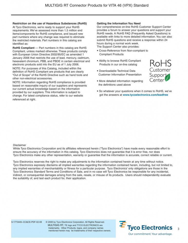 TE Connectivity RoHS and catalog information page