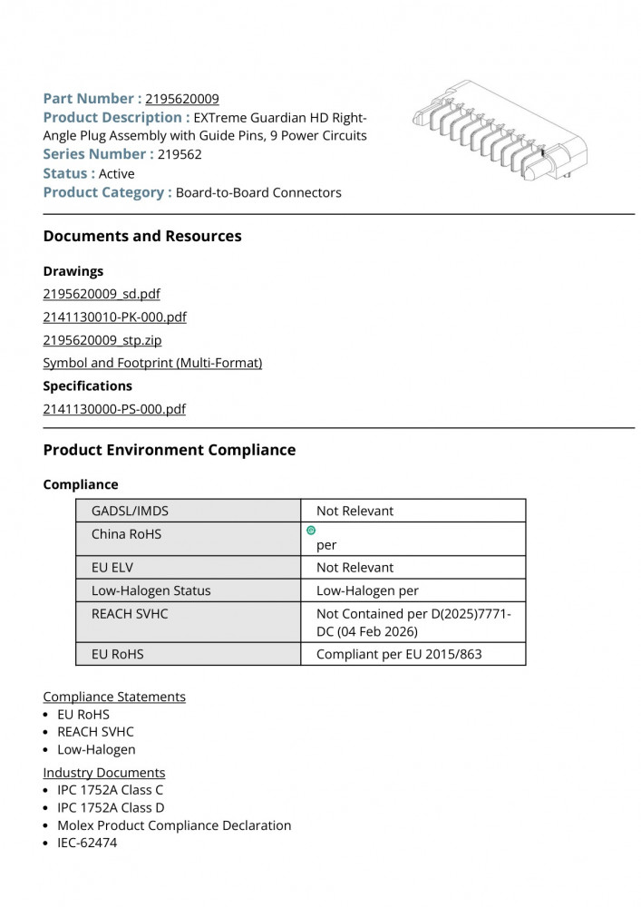 Technical document page 1 for MOLEX 2195620009