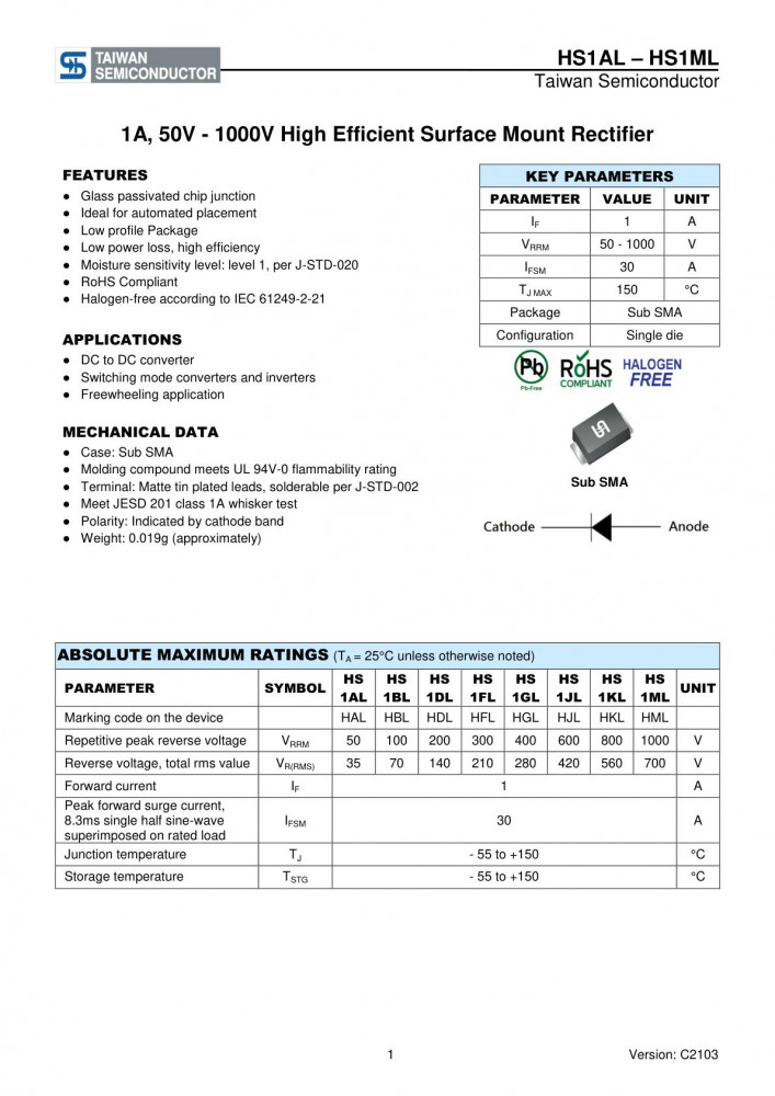 HS1JL datasheet page 1