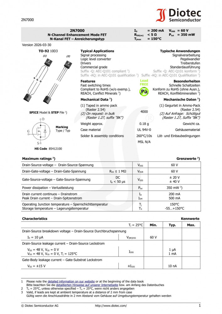 DIOTEC 2N7000 datasheet page 1