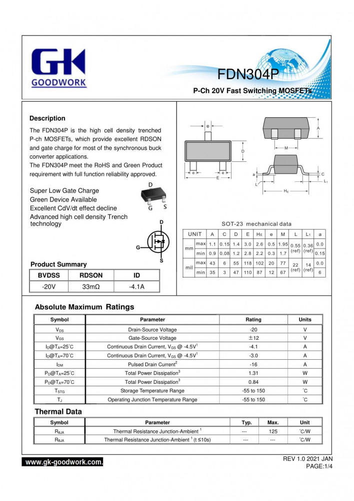 FDN304P-GK datasheet page 1