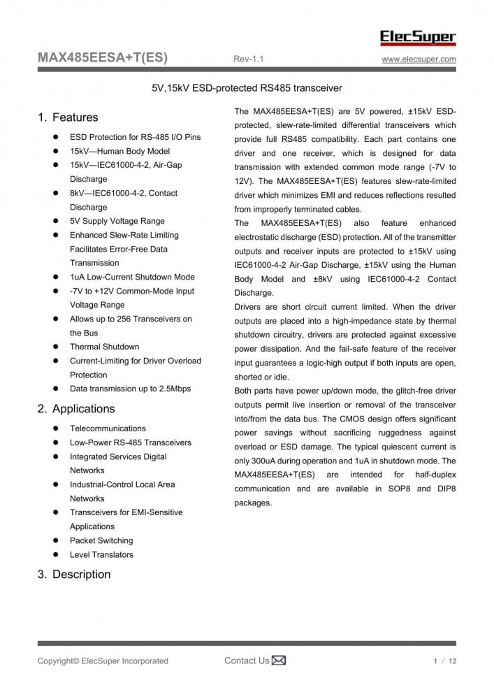 MAX485EESA+T(ES) datasheet page 1