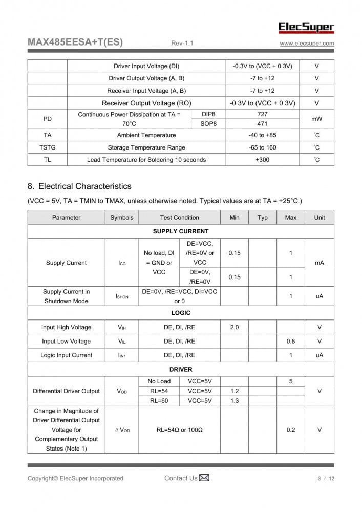 MAX485EESA+T(ES) datasheet page 3