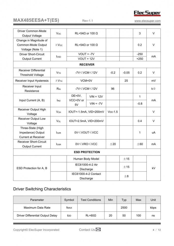 MAX485EESA+T(ES) datasheet page 4