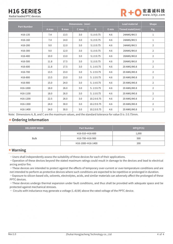 R+O H16 series datasheet page 4