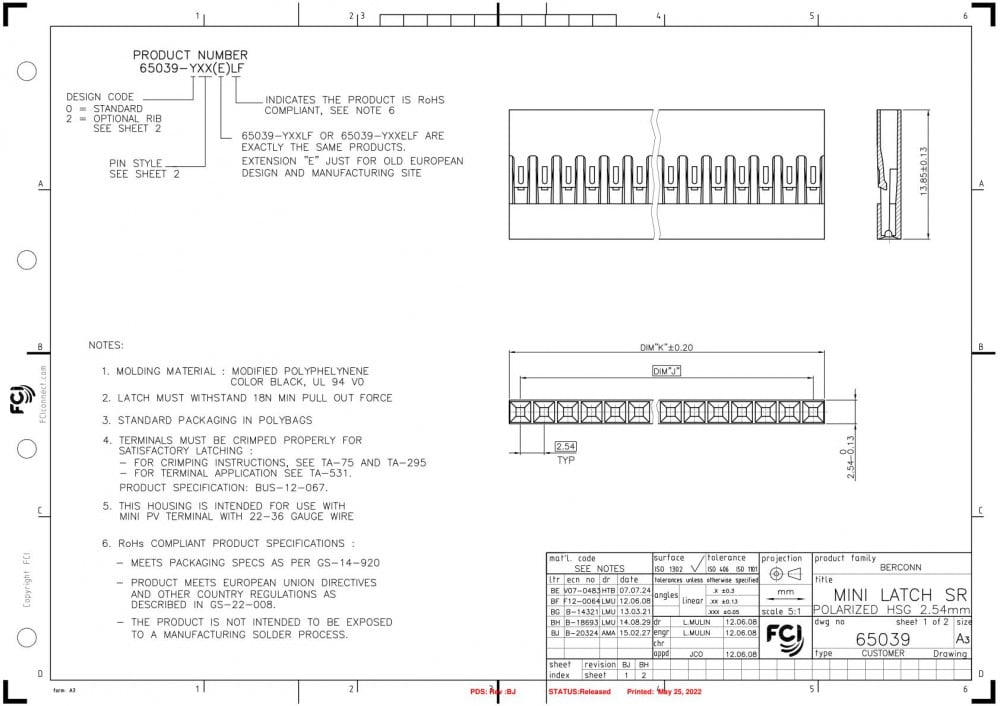 Amphenol 65039-036LF technical document page 1