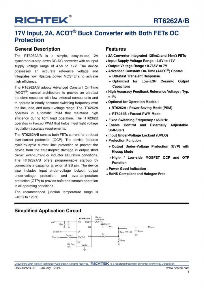RT6262BHGJ8F datasheet page 1
