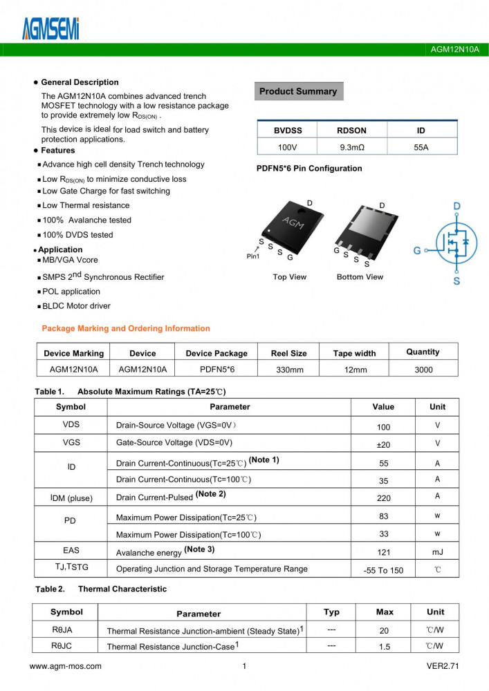 AGM12N10A datasheet page 1
