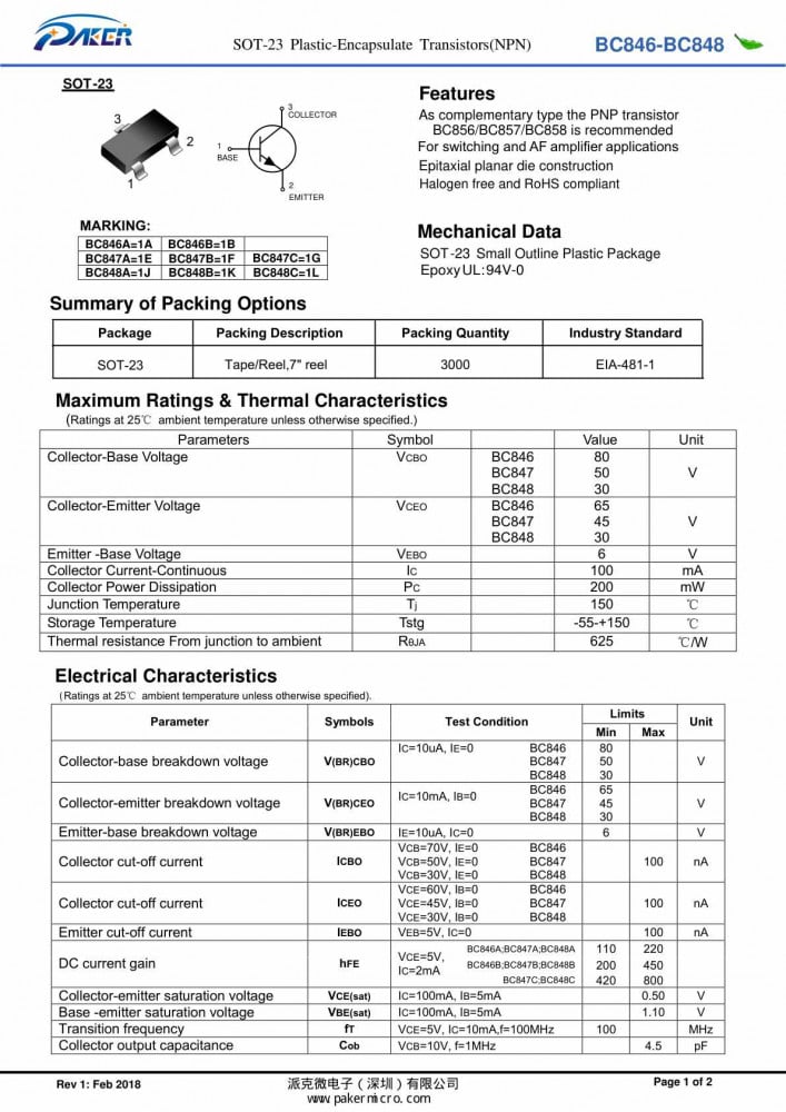 PAKER BC847C technical document page 1