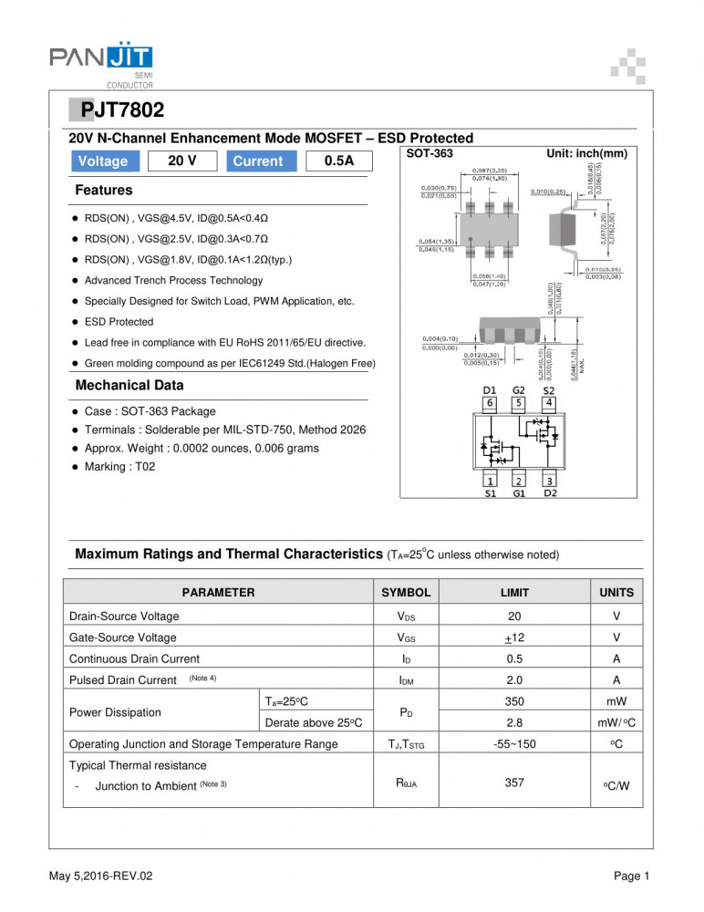 PJT7802 datasheet page 1