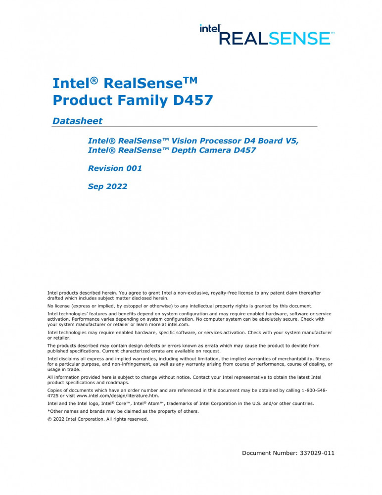Intel RealSense D457 datasheet page 1