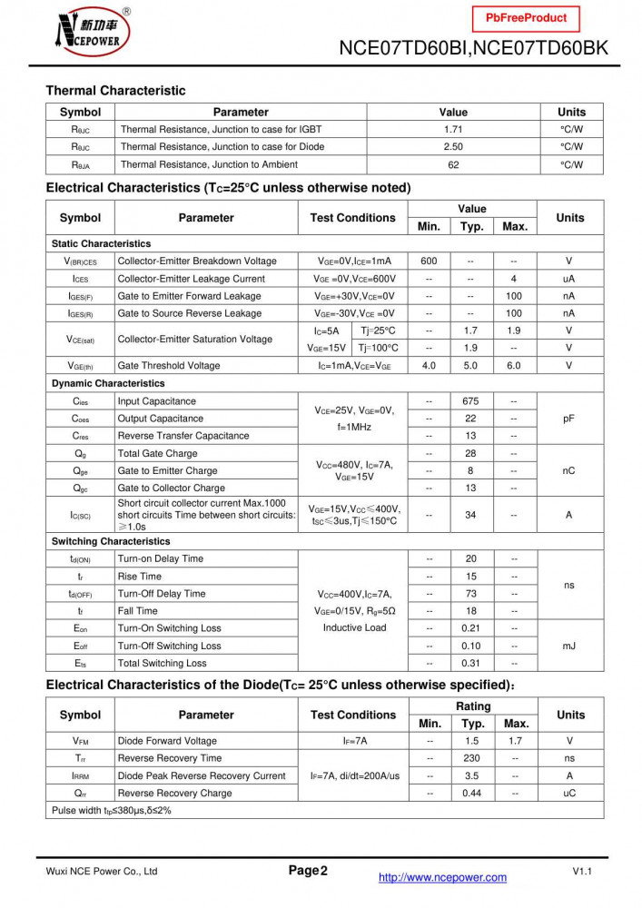 NCE07TD60BK datasheet page 2