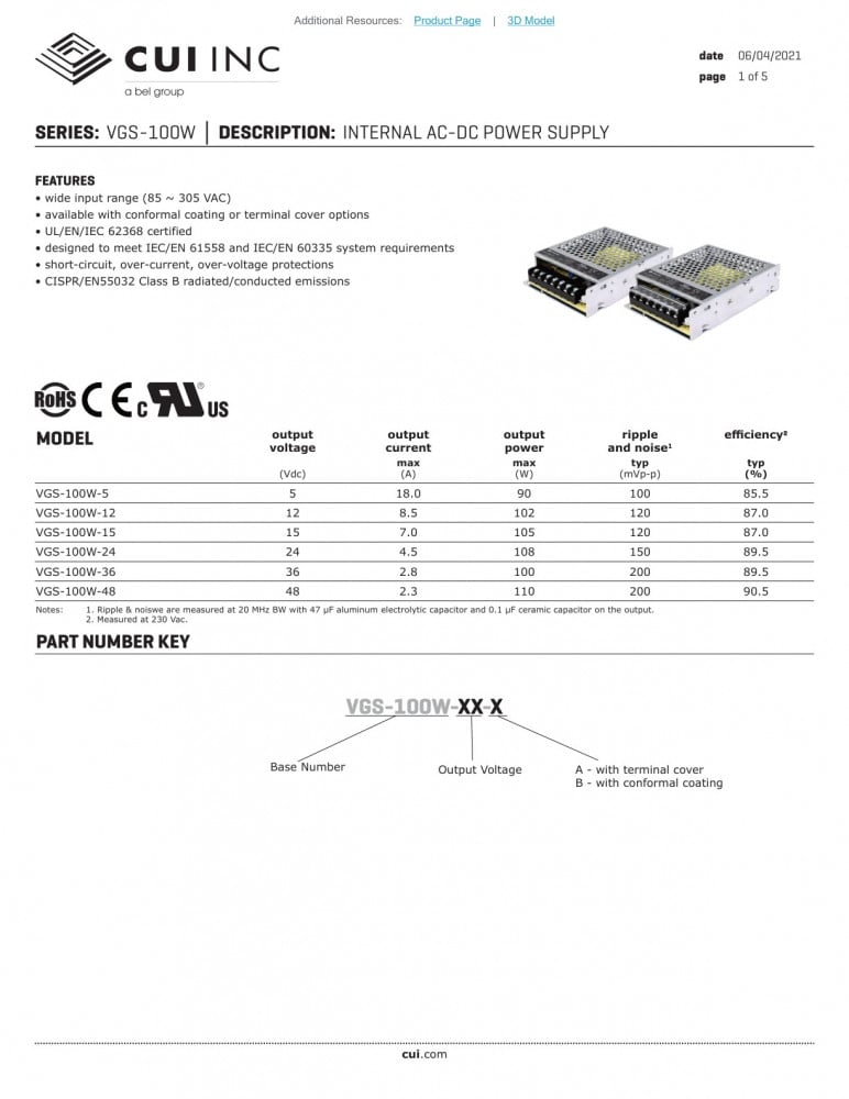 VGS-100W series datasheet page 1