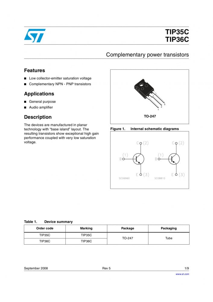 TIP36C datasheet page 1