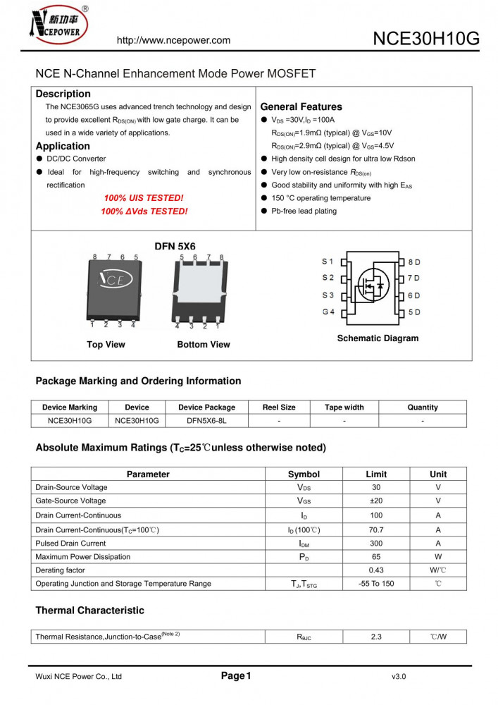 NCE30H10G datasheet page 1