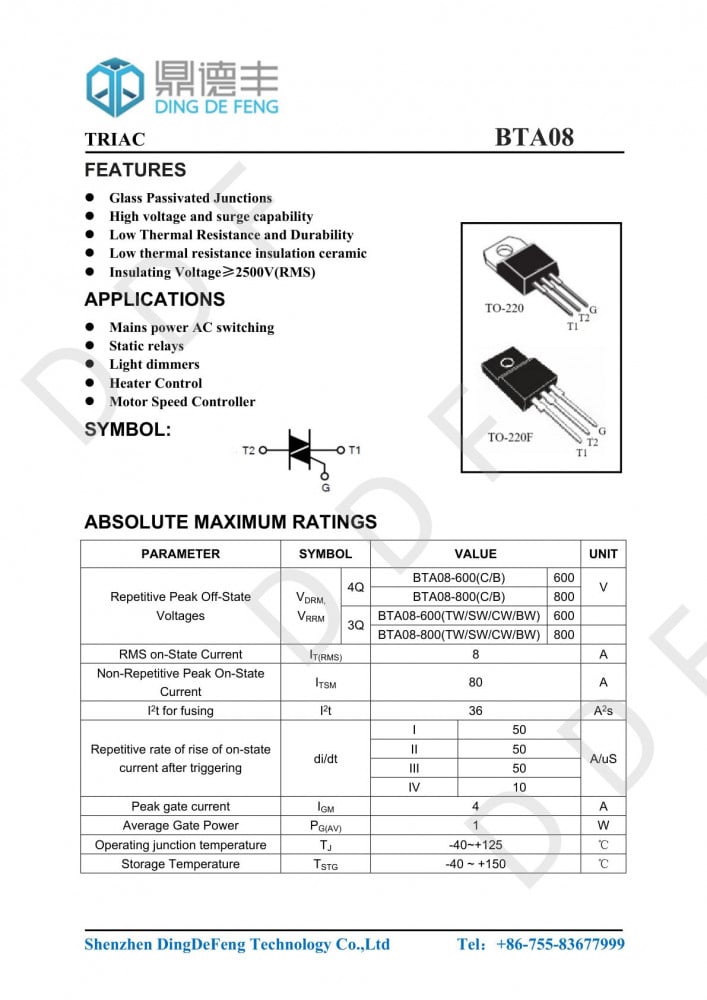 BTA08-600B datasheet page 1