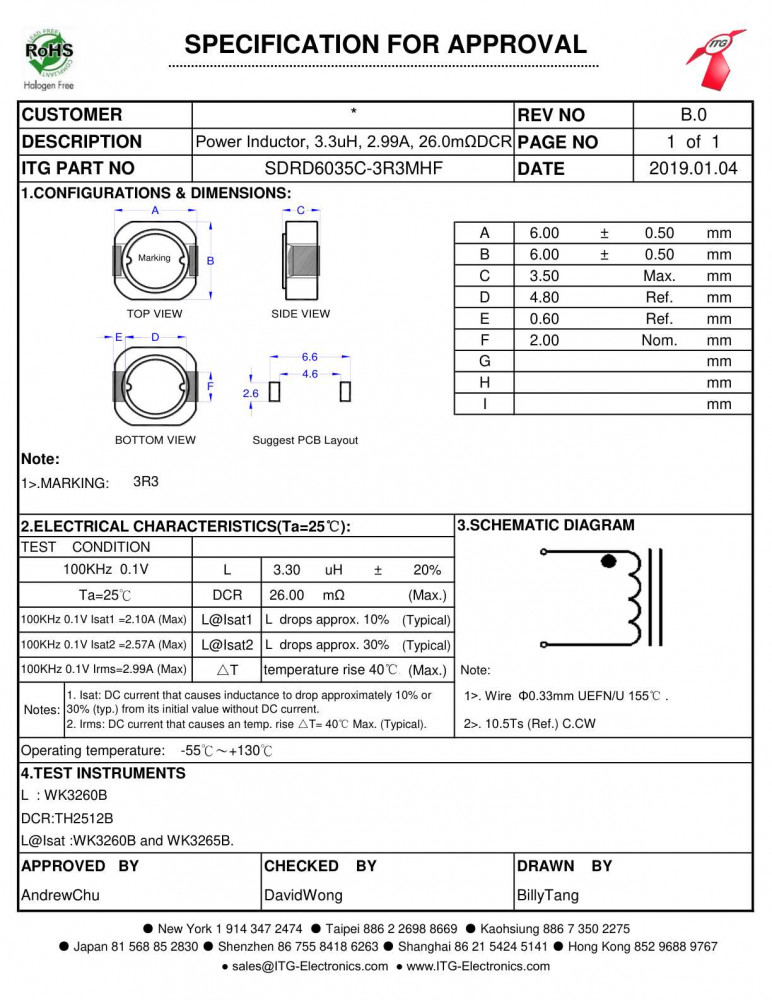 ITG Electronics SDRD6035C-3R3MHF power inductor specification and drawing