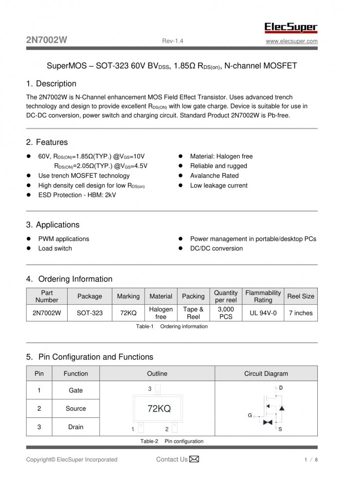 2N7002W datasheet page 1