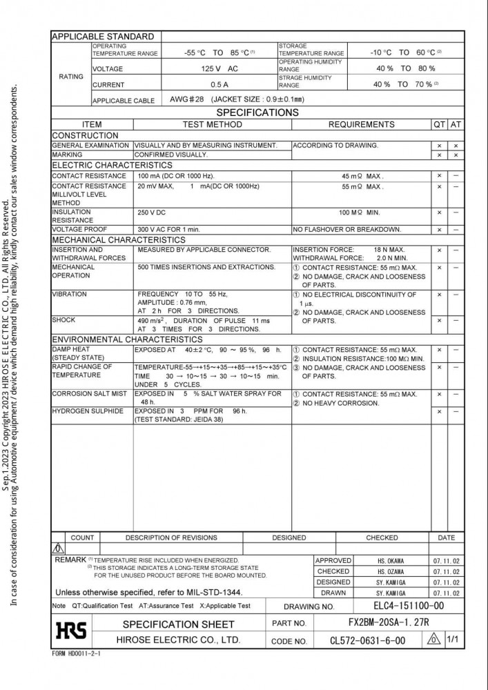 HRS FX2BM-20SA-1.27R specification sheet