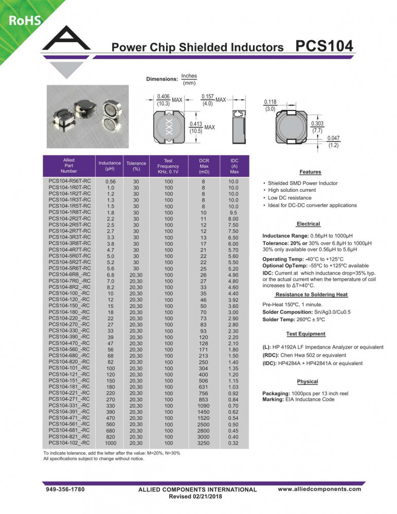 PCS104 series datasheet visual, including product and dimensional documentation