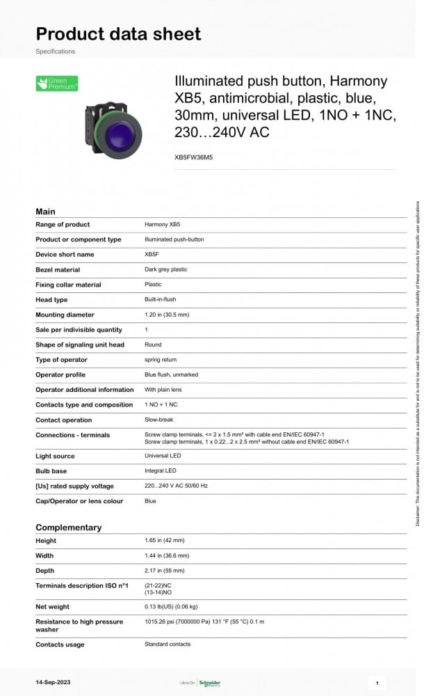 XB5FW36M5 technical document page 1