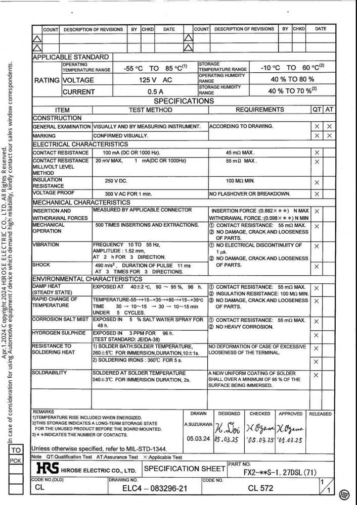 HRS FX2-120S-1.27DSL(71) specification sheet