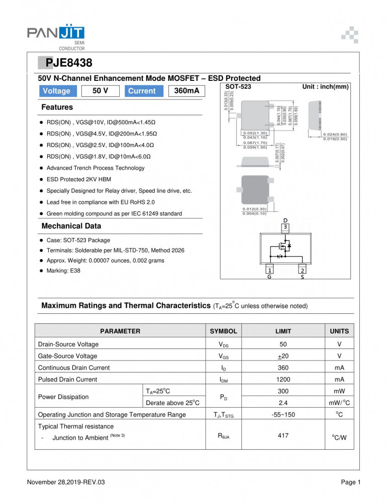 PJE8438 datasheet page 1