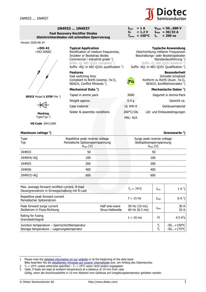 DIOTEC 1N4933–1N4937 datasheet page 1