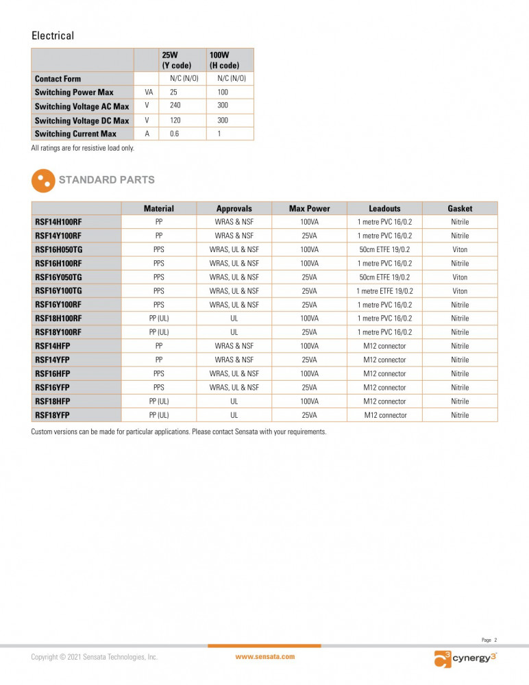 RSF10 series product document page 2