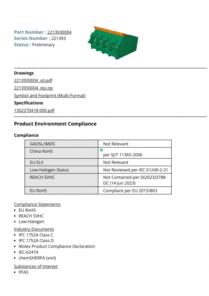 MOLEX 2213930004 technical document page 1