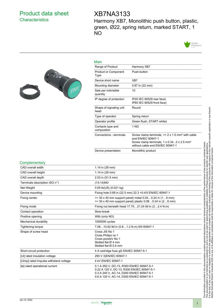 XB7NA3133 technical document page 1