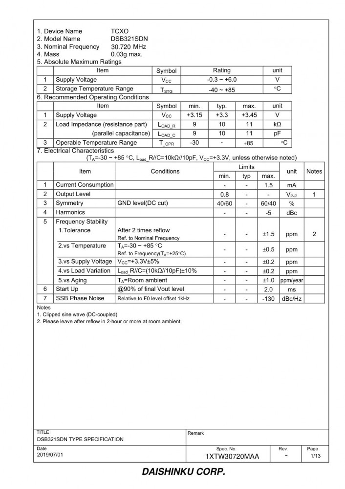 KDS 1XTW30720MAA specification page 1