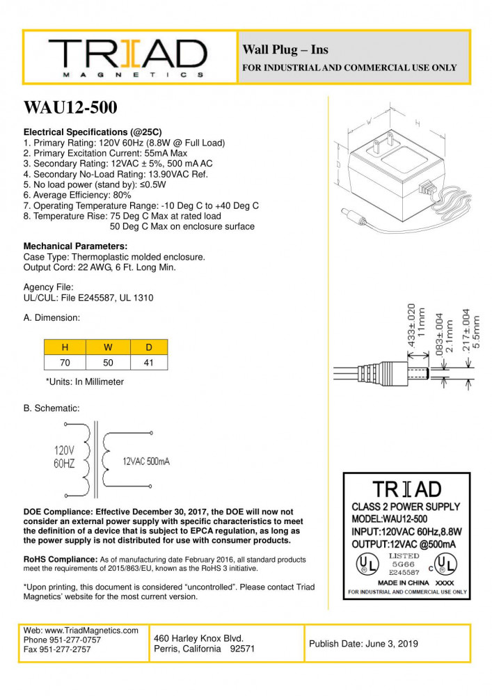 WAU12-500 technical document page