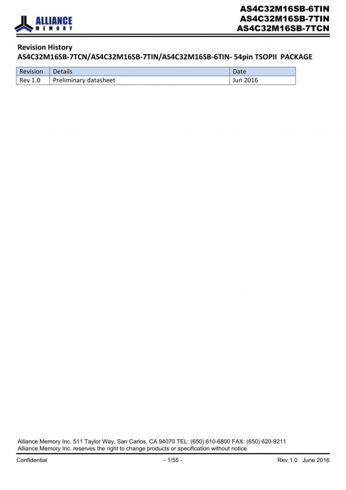 AS4C32M16SB datasheet page 1