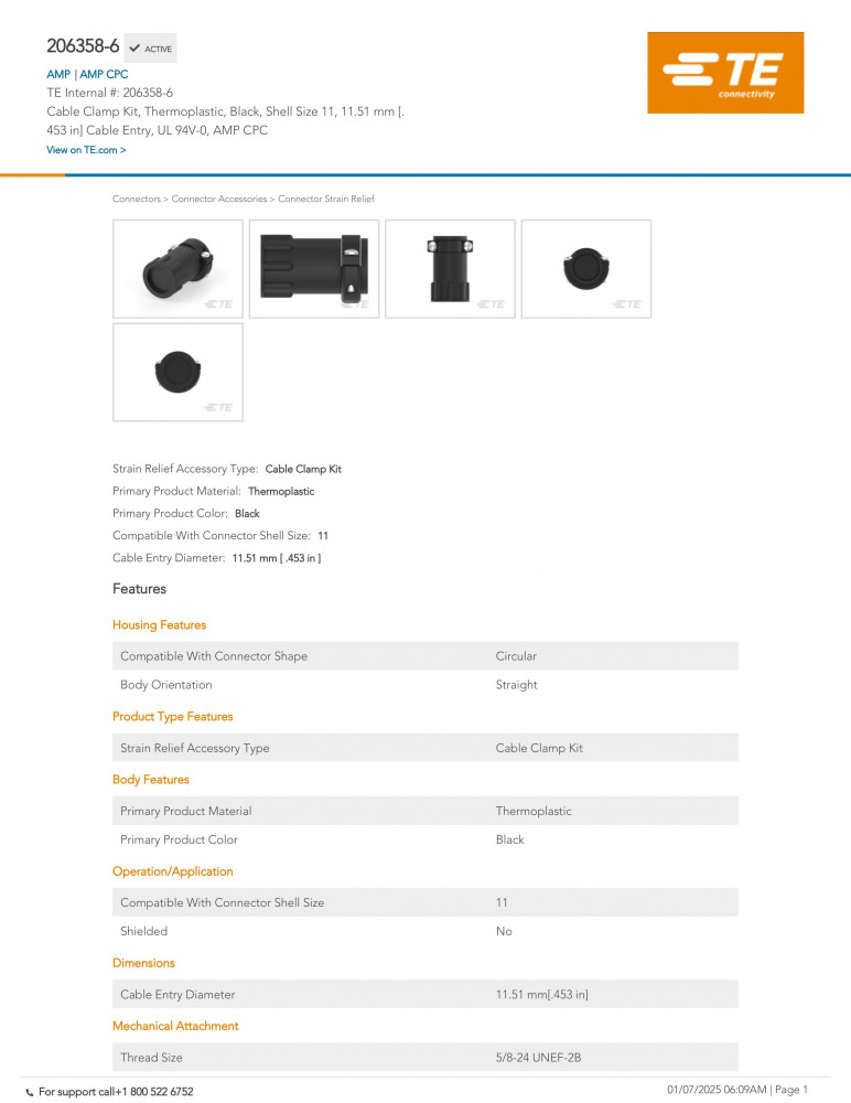 TE Connectivity technical document page 1