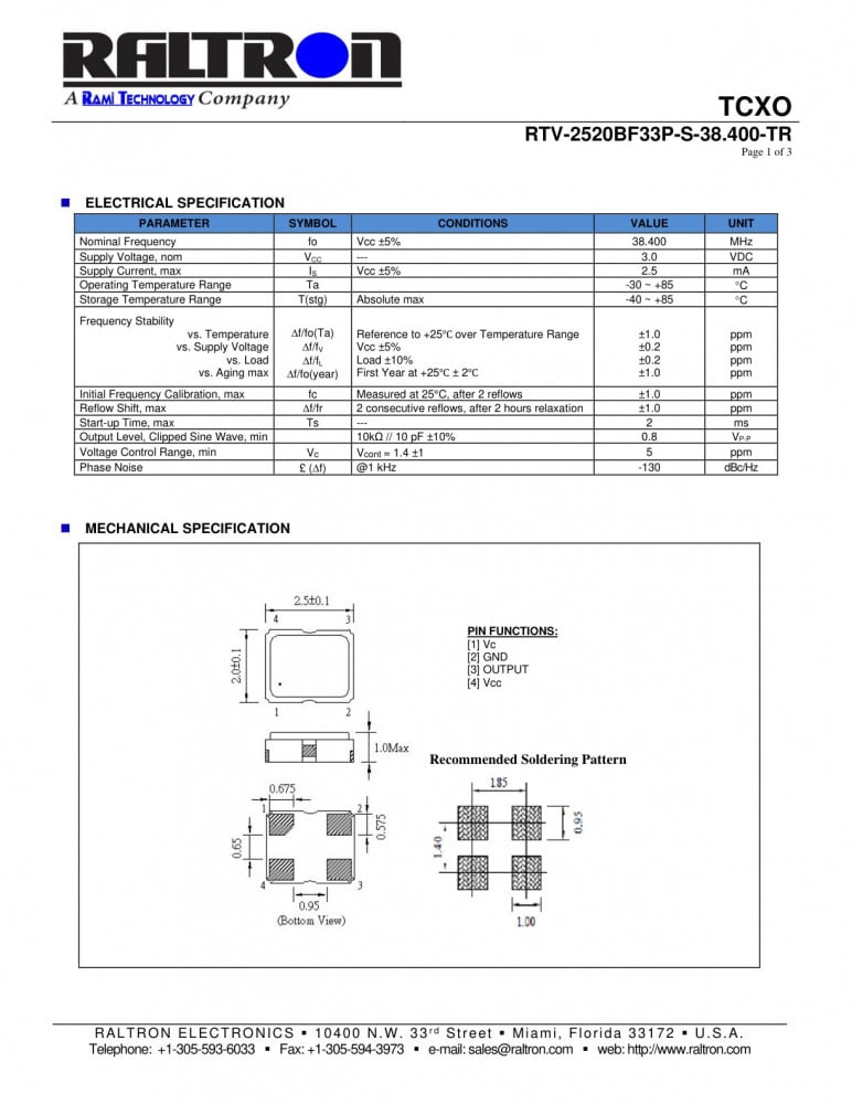 RTV-2520BF33P-S-38.400-TR datasheet page 1