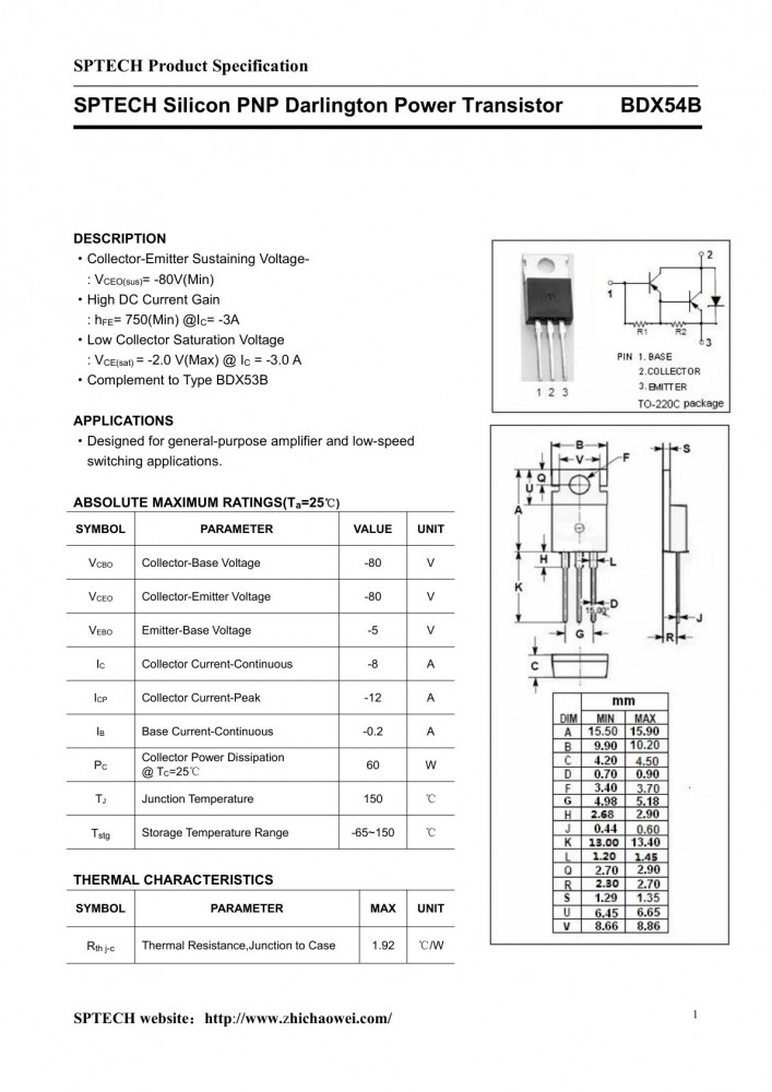 BDX54B SPTECH datasheet page 1