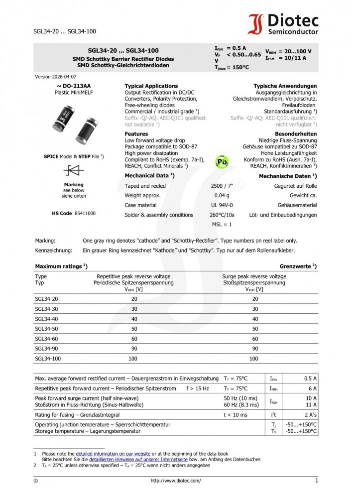 DIOTEC SGL34-30 datasheet page 1