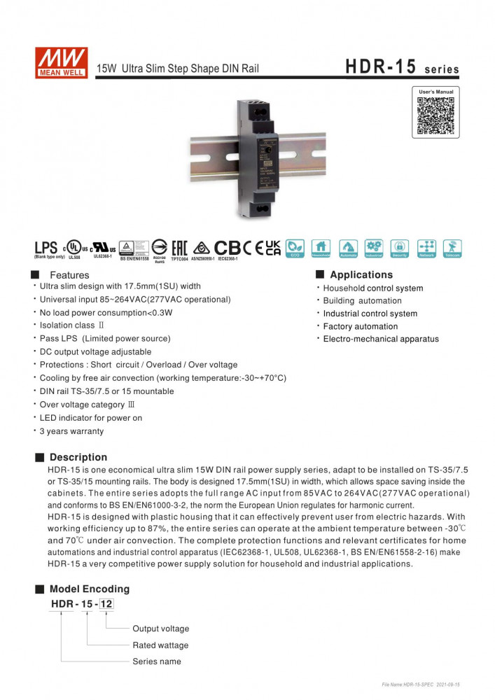 MEAN WELL HDR-15-24 datasheet page 1