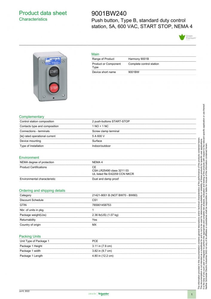 9001BW240 technical document page 1