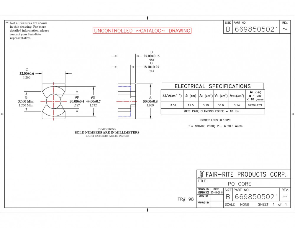 Fair-Rite 6698505021 PQ core drawing