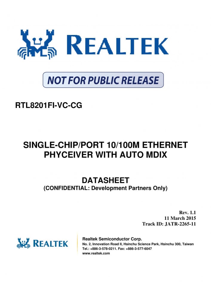 RTL8201FI-VC-CG datasheet page 1