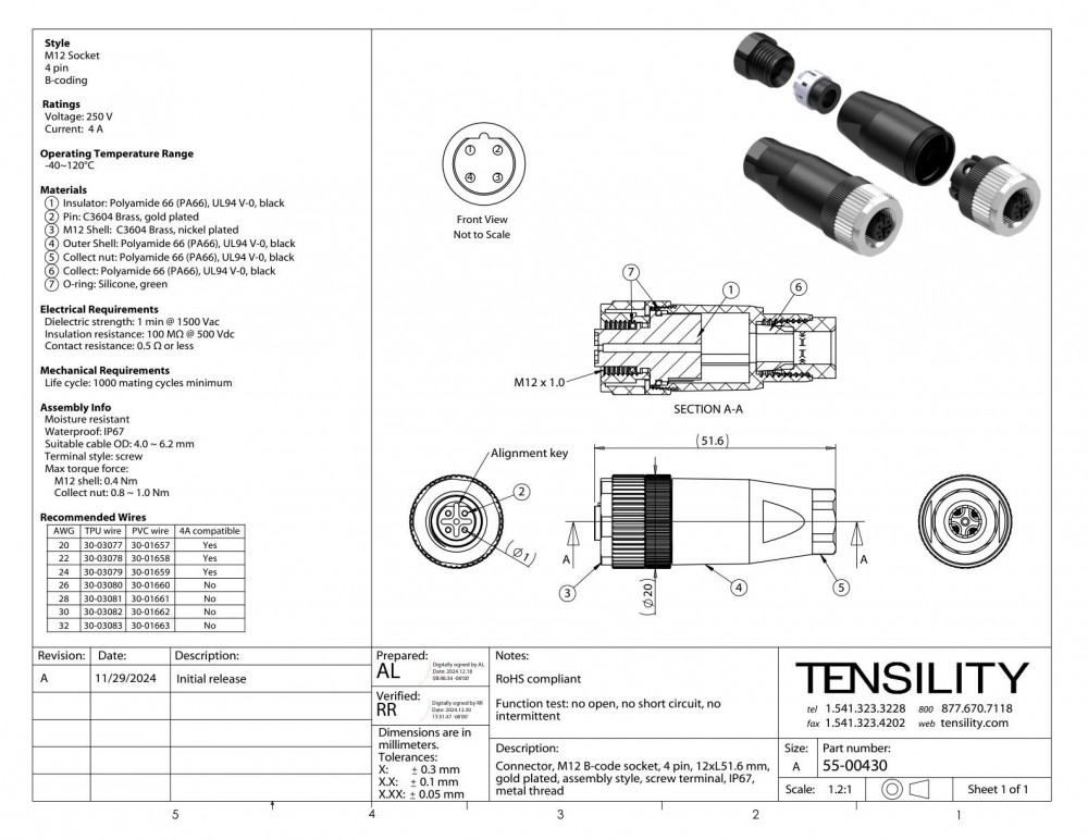 Tensility International 55-00430 M12 B-coded 4-pin socket product drawing