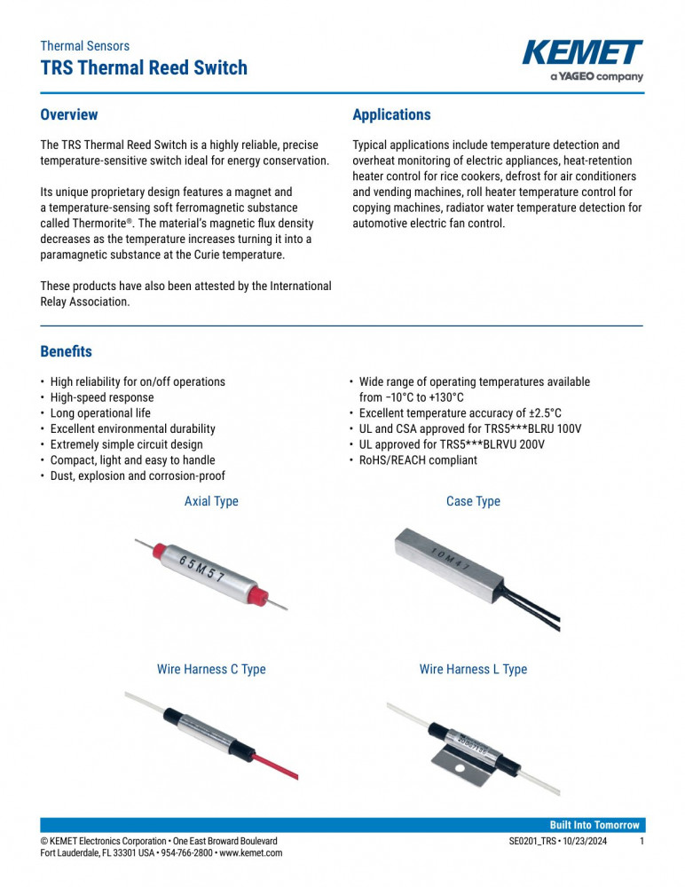 KEMET TRS thermal reed switch document page 1