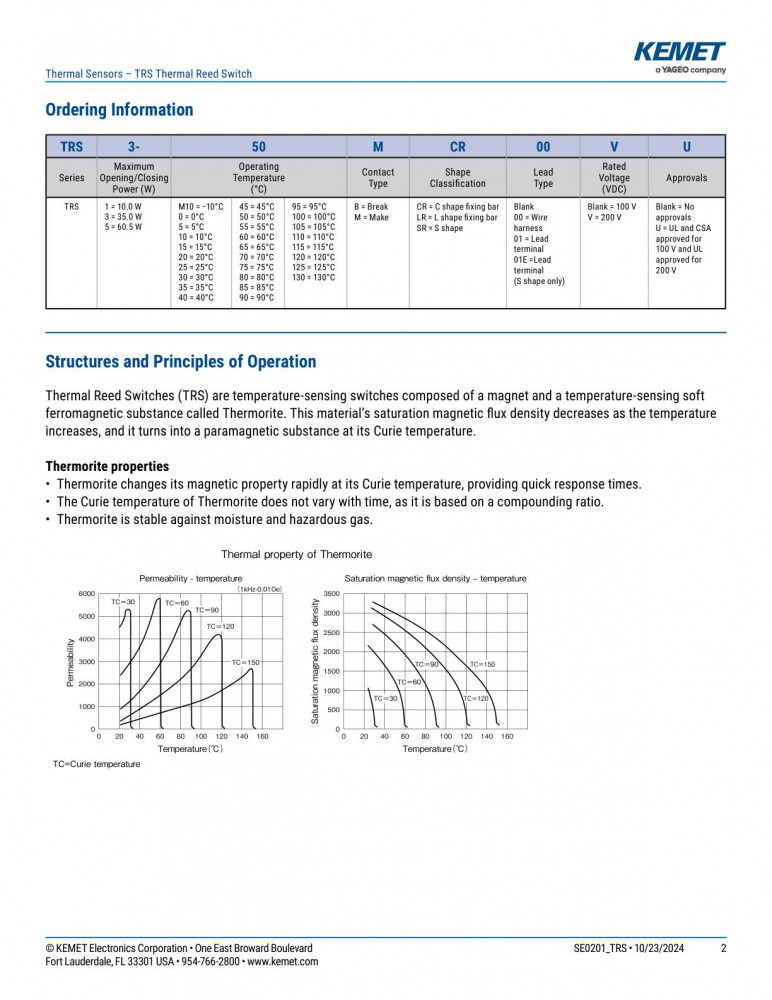 KEMET TRS thermal reed switch document page 2