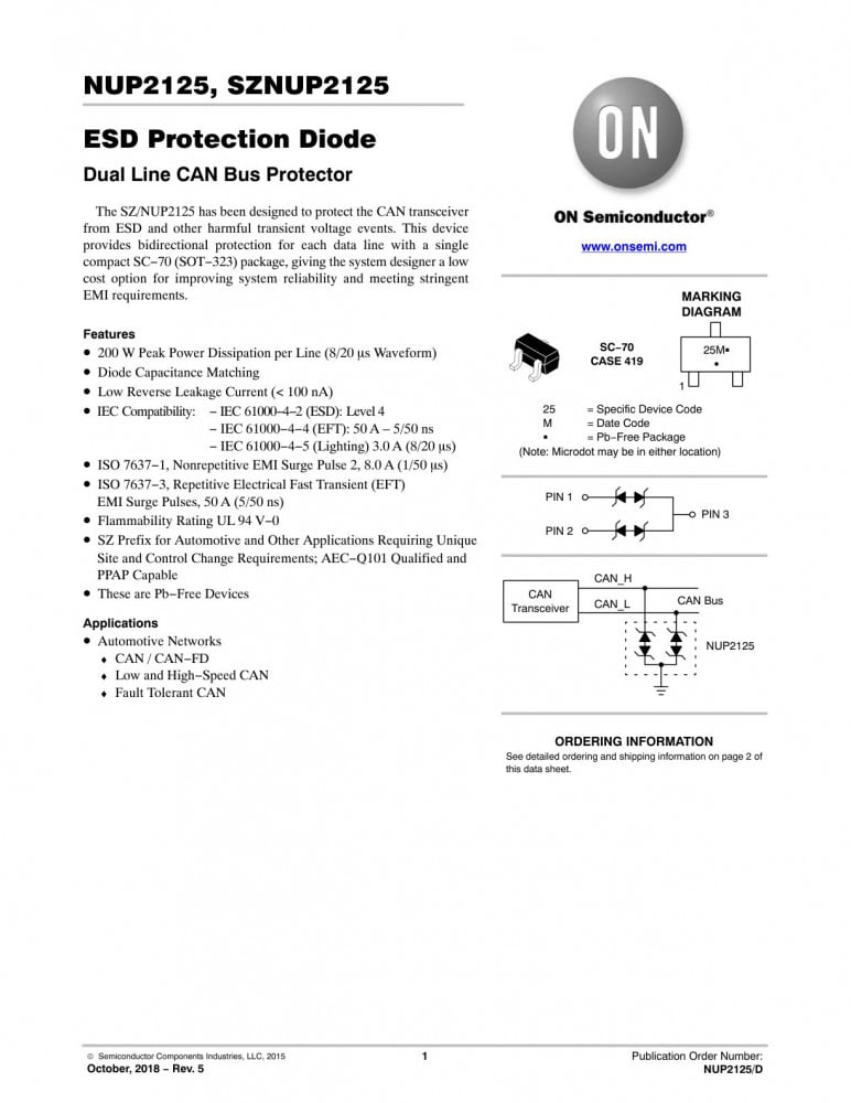 SZNUP2125WTT3G datasheet page 1